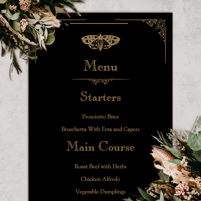 Victorian Moth Elegant Gothic Wedding Menu | Zazzle
