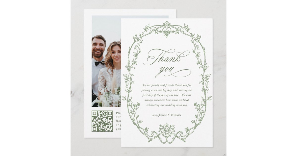 Victorian Ornate Floral Sage Green Wedding QR cod Thank You Card | Zazzle