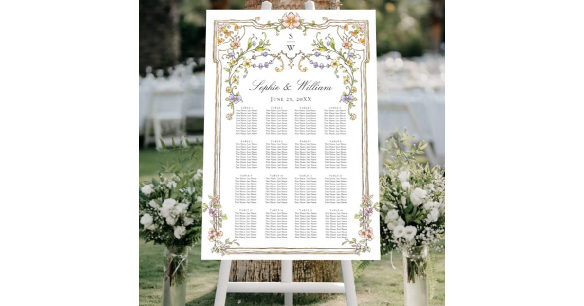 Victorian Ornate Grace 16 Tables SEATING CHART Foam Board | Zazzle