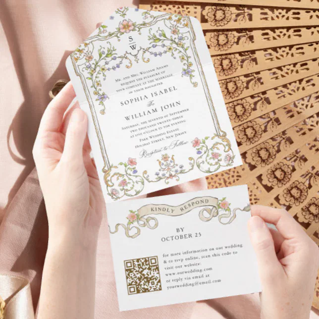 Victorian Ornate Grace Floral Wedding QR code All In One Invitation ...