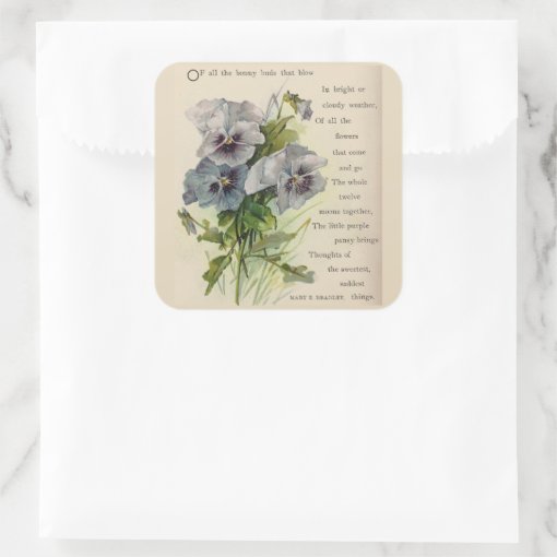 Victorian Poem Grey Purple Pansies Stickers | Zazzle