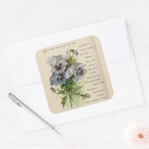Victorian Poem Grey Purple Pansies Stickers | Zazzle