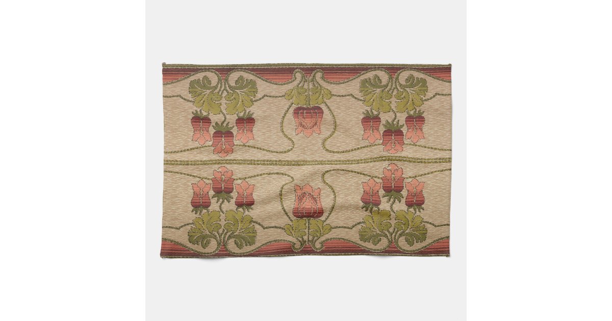 Victorian red floral frieze kitchen towel | Zazzle