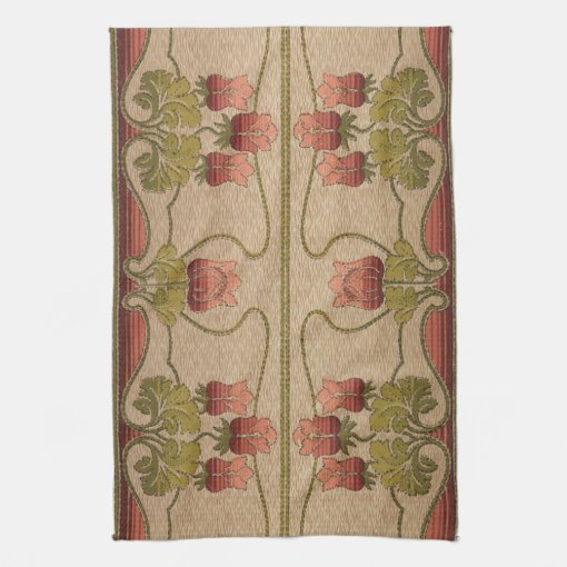 Victorian red floral frieze kitchen towel | Zazzle