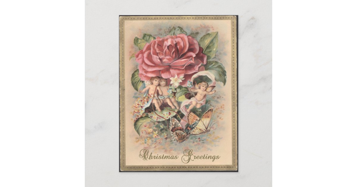 Victorian Roses & Cherubs Christmas Postcard | Zazzle
