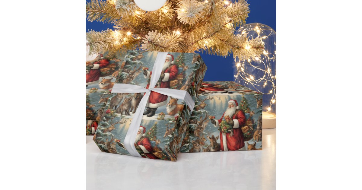 Victorian Santa with Present and Forest Animals Wrapping Paper | Zazzle