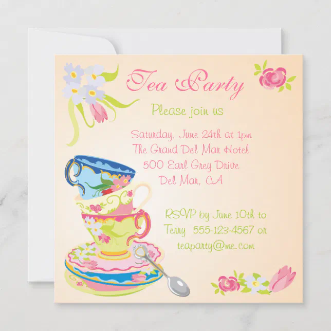 Victorian Stacked Tea Cups Tea Party Invitation | Zazzle