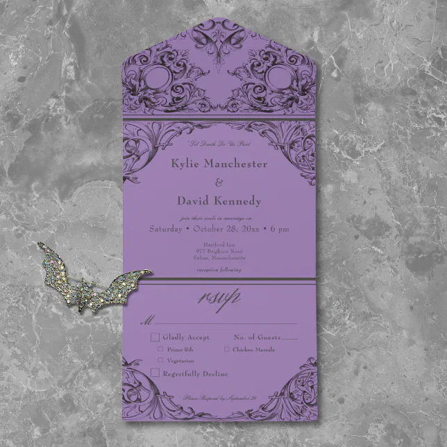 Victorian Until Death Black Purple Wedding Dinner All In One Invitation ...