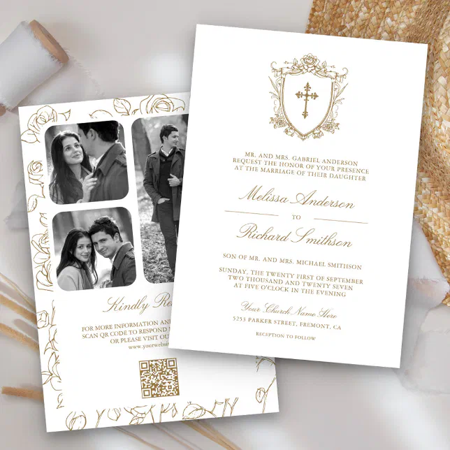 Victorian White and Gold Catholic QR Code Wedding Invitation | Zazzle