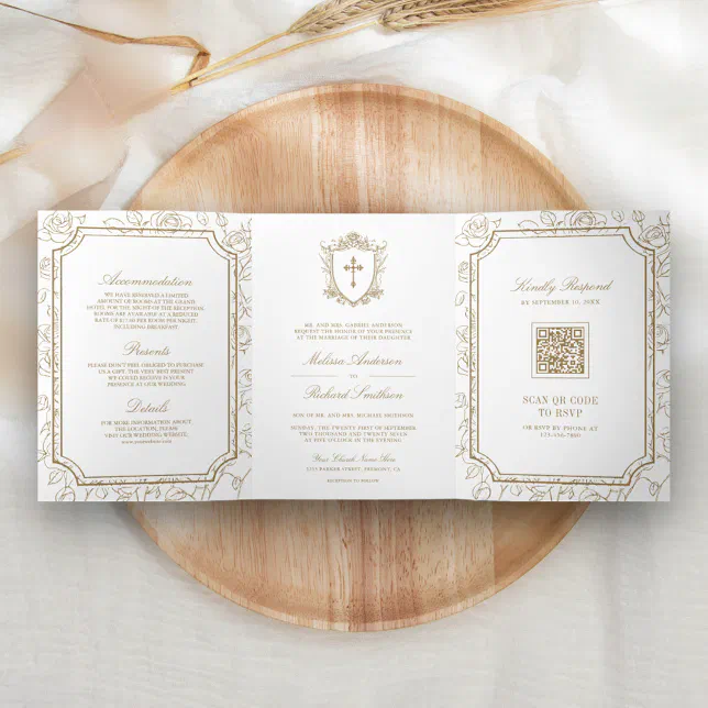 Victorian White and Gold Catholic QR Code Wedding Tri-Fold Invitation ...