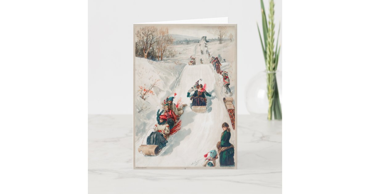Victorian winter sledding snow sled vintage scene card | Zazzle