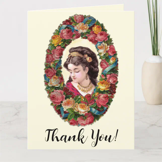 Victorian Woman Inside Multicolor Rose Wreath Thank You Card | Zazzle