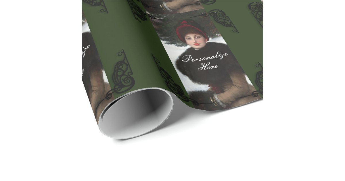 Victorian woman winter scene portrait green black wrapping paper | Zazzle