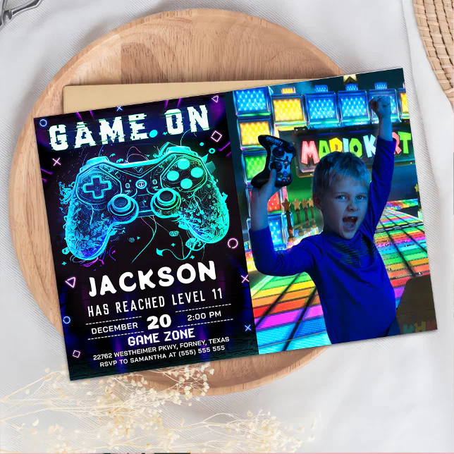 Video Game Birthday Party Neon Game On Invitation | Zazzle