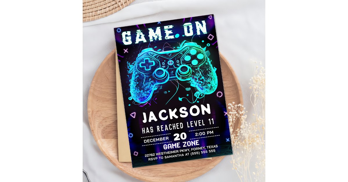 Video Game Birthday Party Neon Game On Invitation | Zazzle