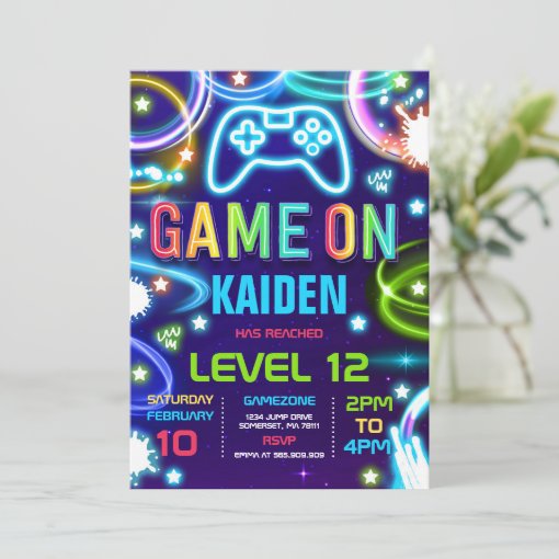 Video Game Birthday Party Neon Game On Level Up In Invitation | Zazzle
