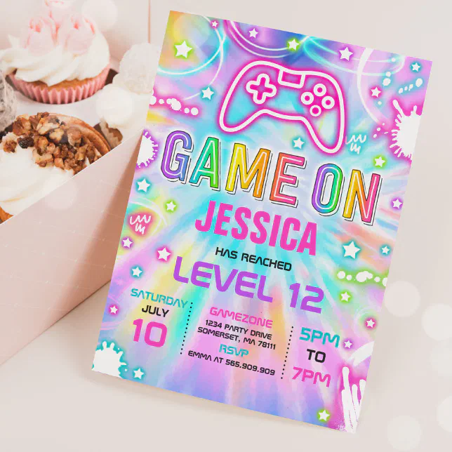 Video Game Birthday Party Neon Game On Level Up Invitation | Zazzle