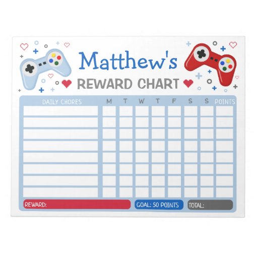 Video Game Boys Reward Chart Chore Chart Notepad | Zazzle