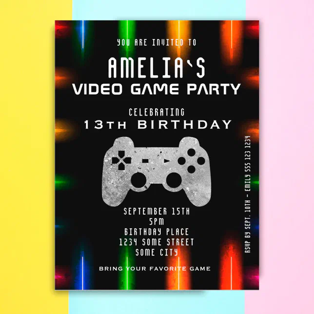 Video Game Controller Neon Gaming Birthday Invitation Postcard | Zazzle