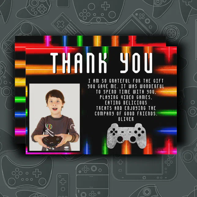 Video Game Controller Neon Gaming Photo Birthday Thank You Card | Zazzle