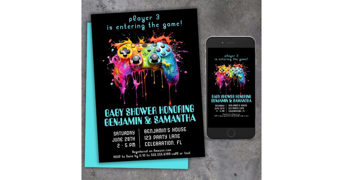 Video Game Gamer Blue Baby Shower Invitation | Zazzle