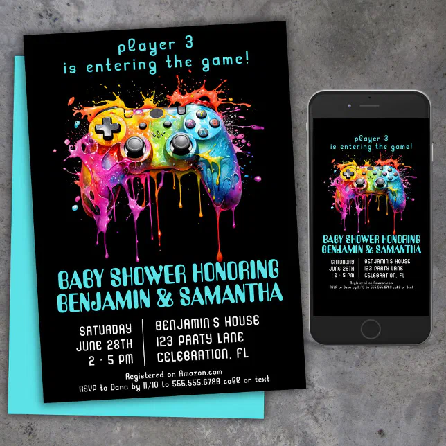 Video Game Gamer Blue Baby Shower Invitation | Zazzle