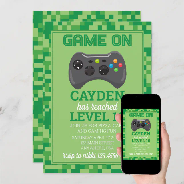 Video Game Level up Gamer Birthday Invite green | Zazzle