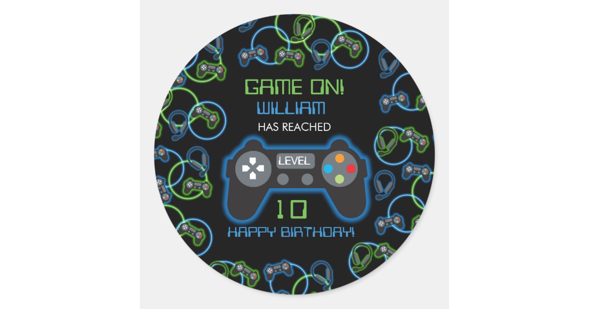 Video Game Neon Blue & Green Birthday Party Classic Round Sticker | Zazzle
