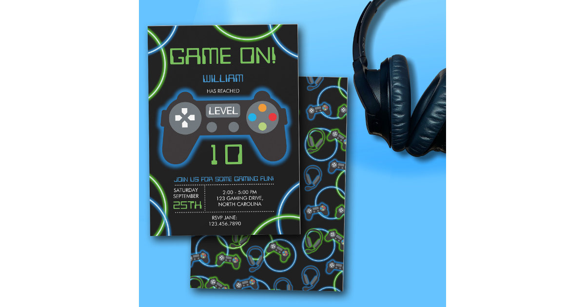 Video Game Neon Blue & Green Birthday Party Invitation | Zazzle