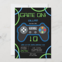 Video Game Neon Blue & Green Birthday Party Invitation | Zazzle