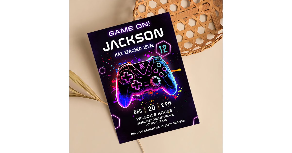 Video Game Neon Kids Birthday Party Invitation | Zazzle