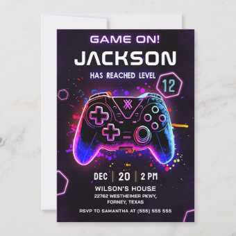 Video Game Neon Kids Birthday Party Invitation | Zazzle