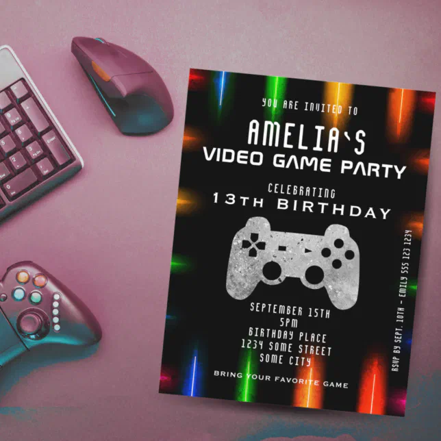 Video Game Party Controller Neon Gaming Birthday Invitation | Zazzle