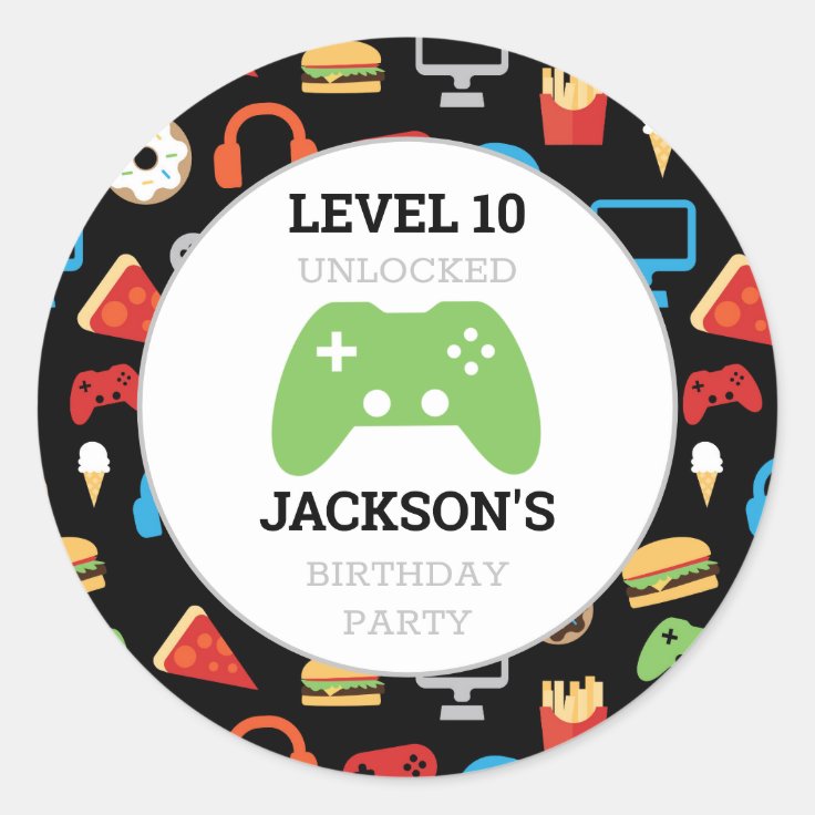 Video Game Party Level Up Kids Birthday Gamer Classic Round Sticker ...