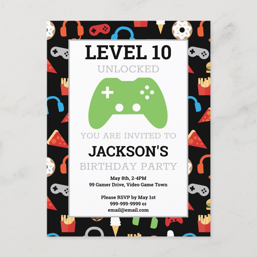 Video Game Party Level Up Kids Birthday Party Invitation Postcard | Zazzle