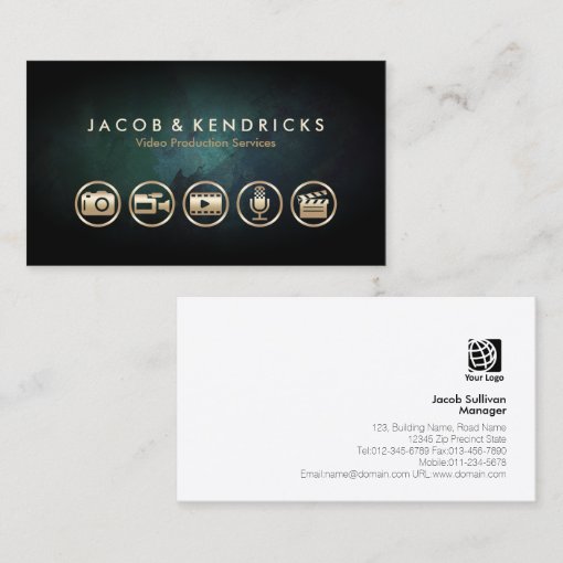 Video Production Services Gold Icons Teal Grunge Business Card | Zazzle