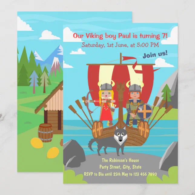 Viking boy and girl on viking ship birthday party invitation | Zazzle