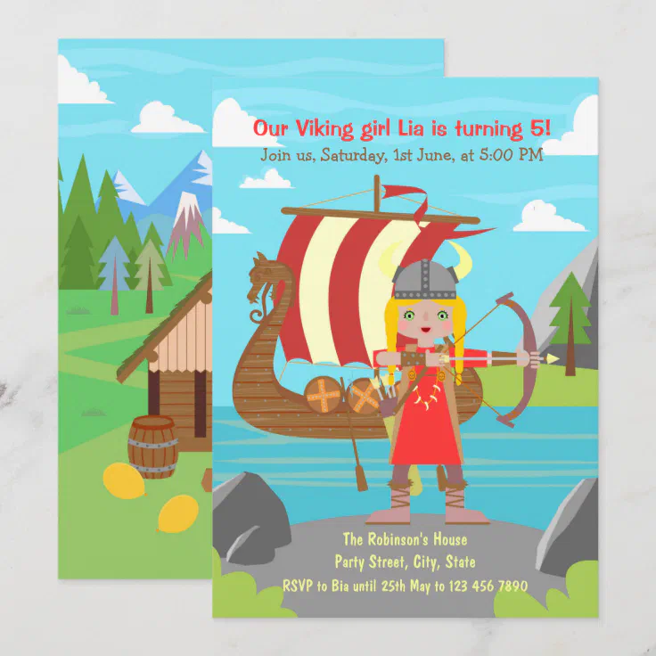 Viking Girl posing in front of Viking ship Party Invitation | Zazzle