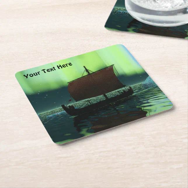 Viking Ship Under Northern Lights Square Paper Coaster | Zazzle