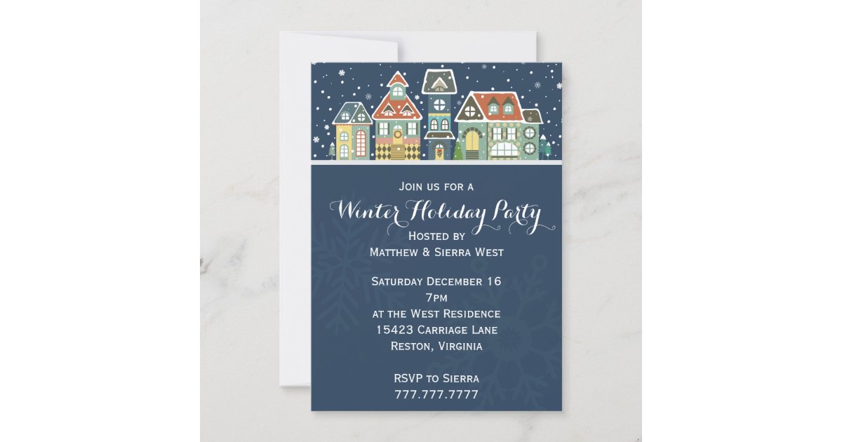 Village Homes Winter Snow Scene Holiday Party Invitation | Zazzle