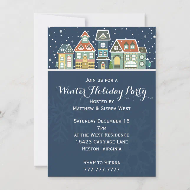 Village Homes Winter Snow Scene Holiday Party Invitation | Zazzle