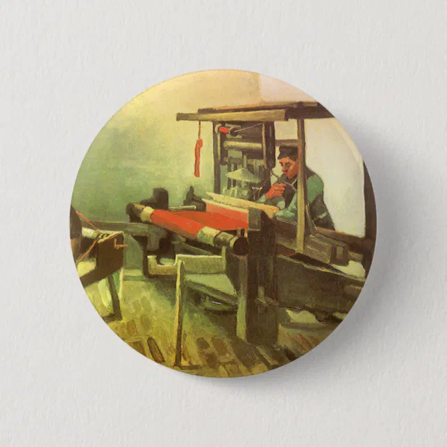 Vincent van Gogh Weaver Facing Left Spinning Wheel Button | Zazzle