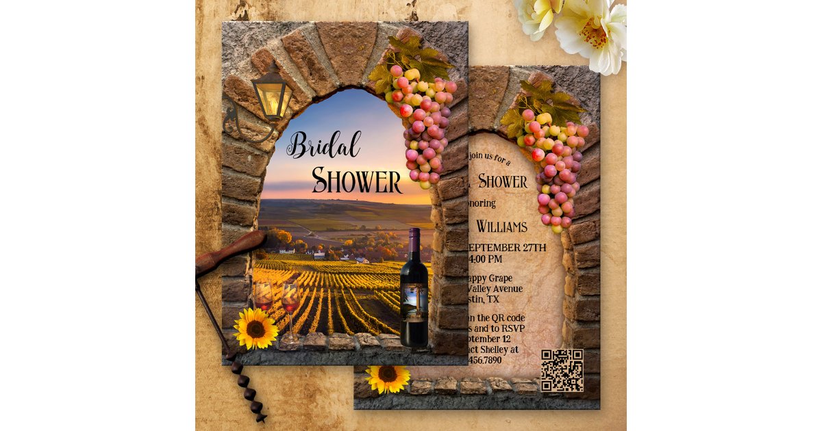 Vineyard Wine QR Code Bridal Shower Invitation | Zazzle