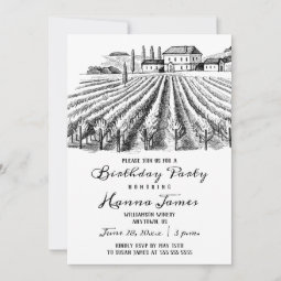 Vineyard Winery Rustic Sketch Birthday Party Invitation | Zazzle