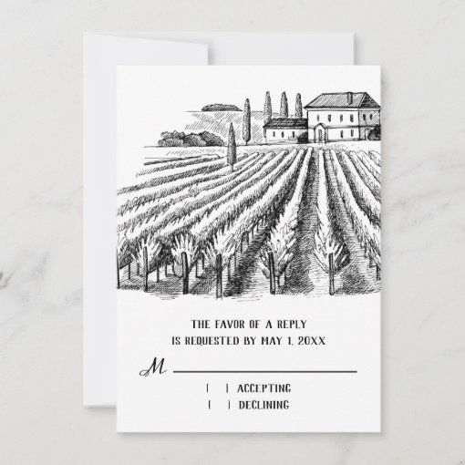 Vineyard Winery Rustic Sketch Wedding RSVP Card | Zazzle
