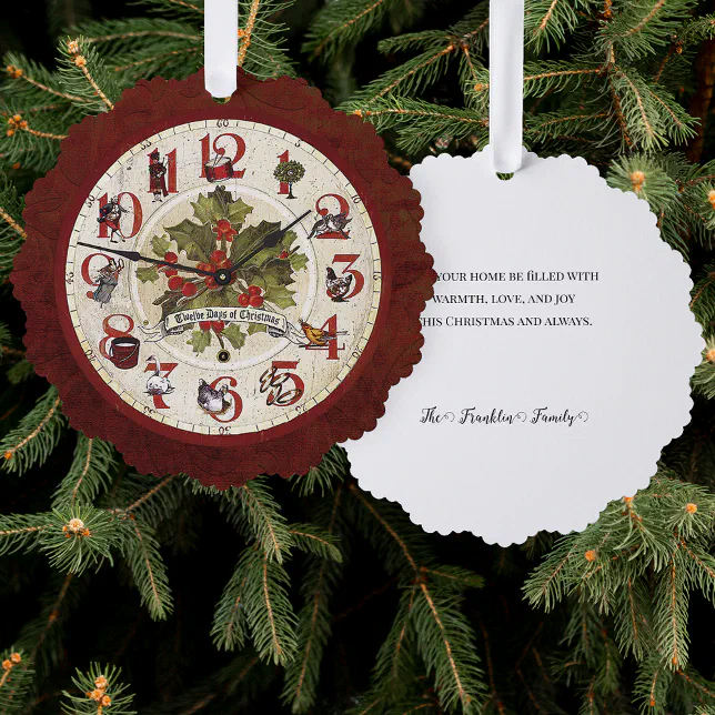 Vintage 12 Days of Christmas Clock Face Ornament Card | Zazzle