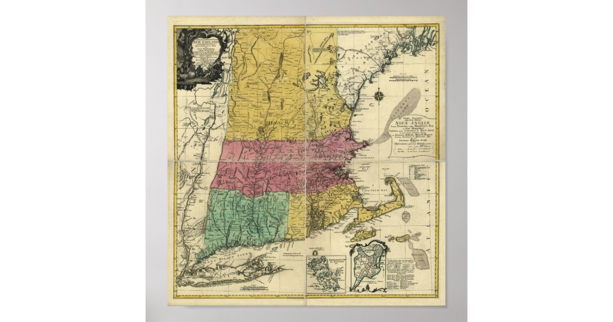 Vintage 1777 New England Map Poster | Zazzle