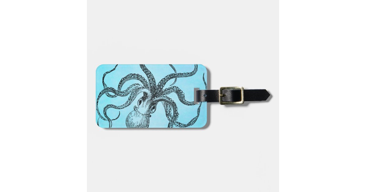 Vintage 1800s Octopus on Teal Blue Watercolor Luggage Tag | Zazzle