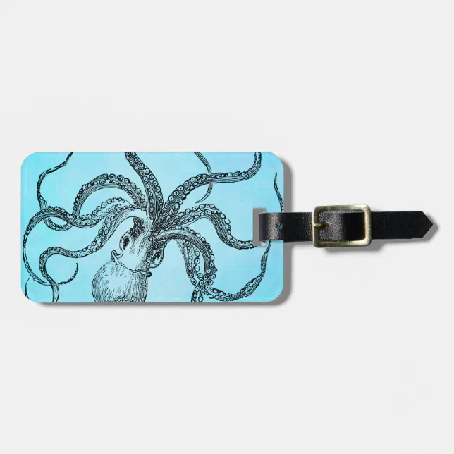 Vintage 1800s Octopus on Teal Blue Watercolor Luggage Tag | Zazzle