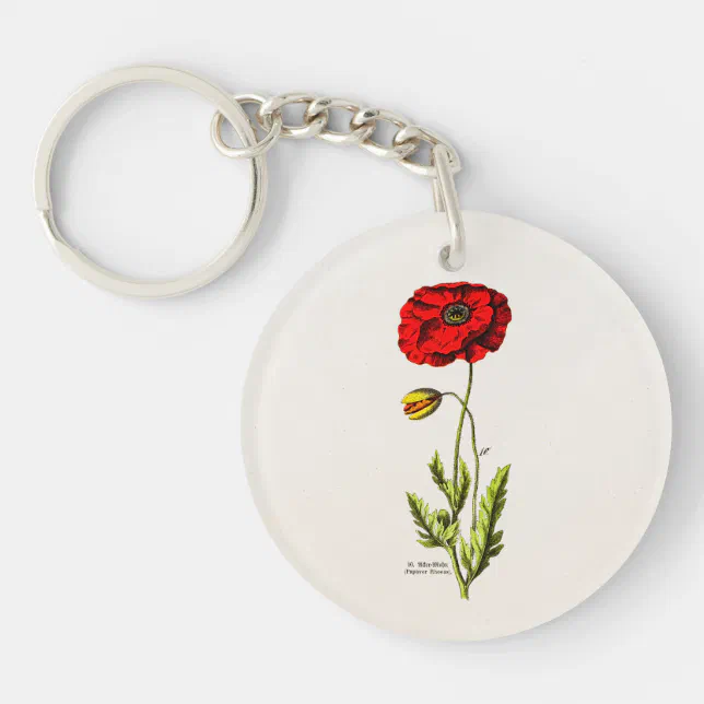 Vintage 1800s Red Poppy Wild Flower Floral Poppies Keychain | Zazzle